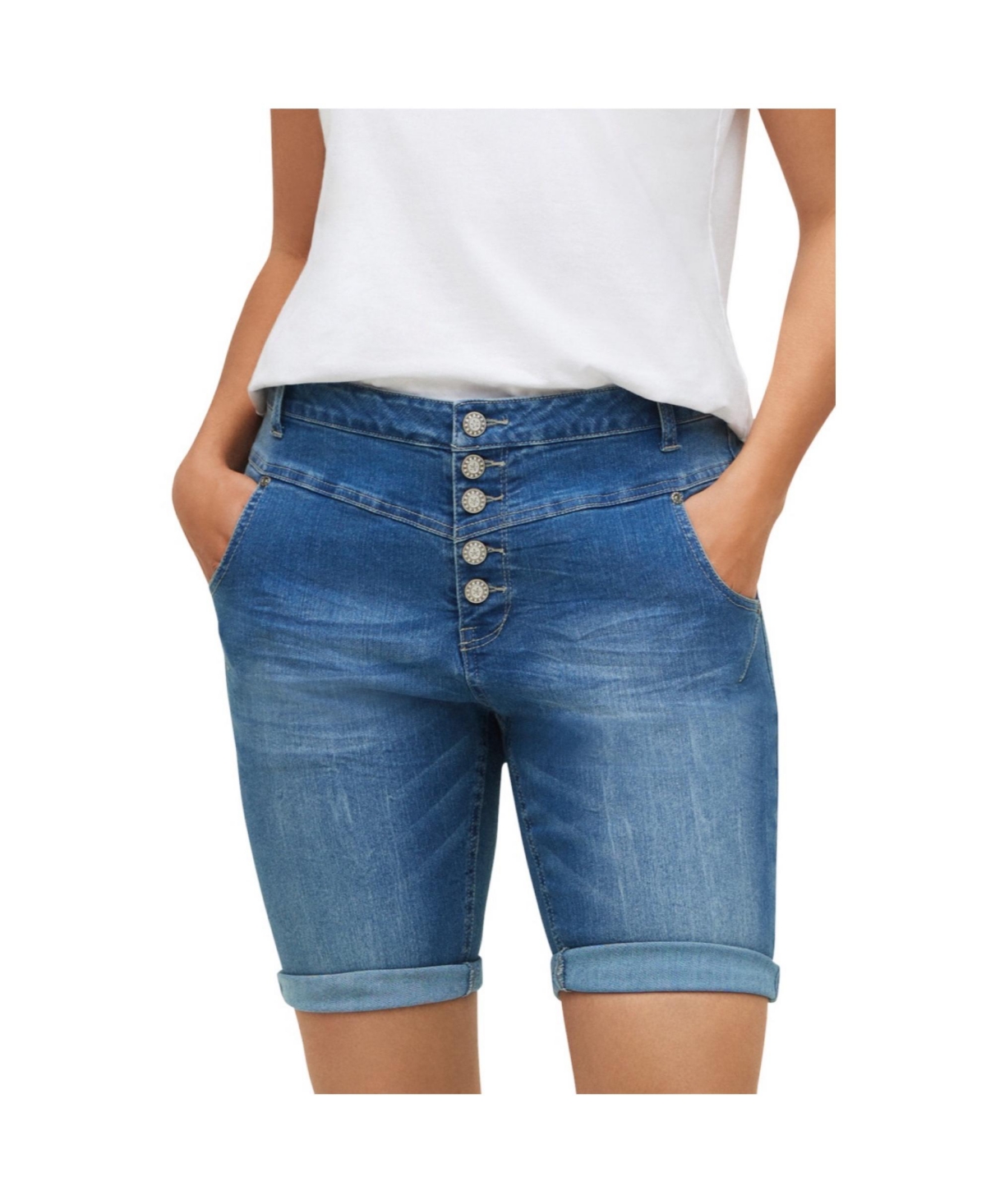 Click here for ellos Womens Button-Front Denim Shorts - Light sto... prices