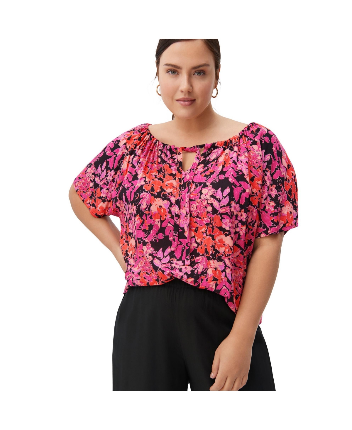 Click here for ellos Womens Keyhole Peasant Blouse - Black pink p... prices