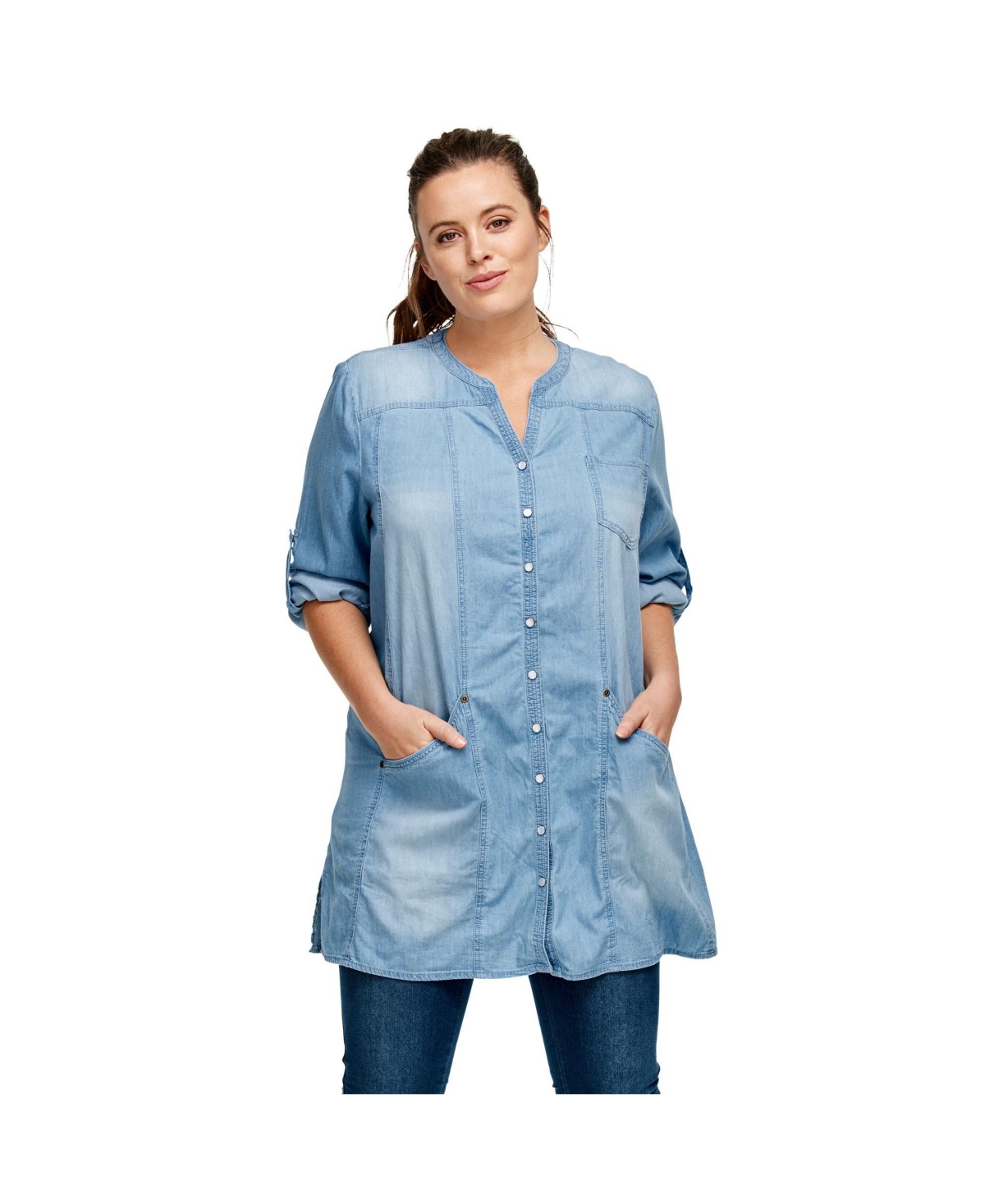 Click here for ellos Womens Snap Front Denim Tunic - Bleach prices