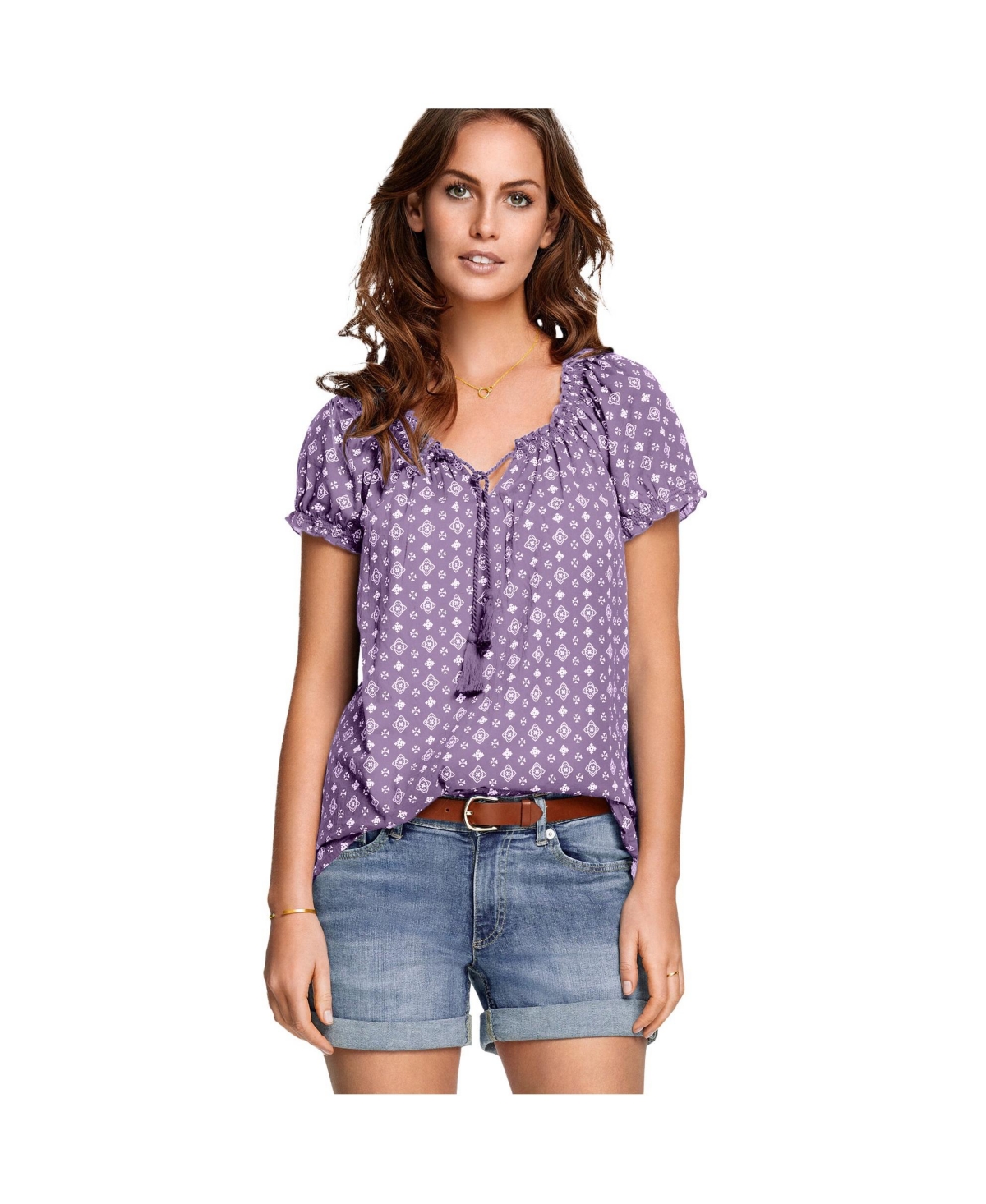 Click here for ellos Plus Size Ruffle Trim Peasant Blouse - Viole... prices