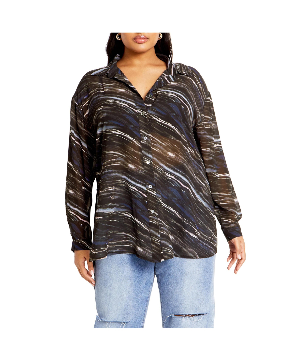 Click here for City Chic Plus Size Sheer Lover Print Shirt - Marb... prices