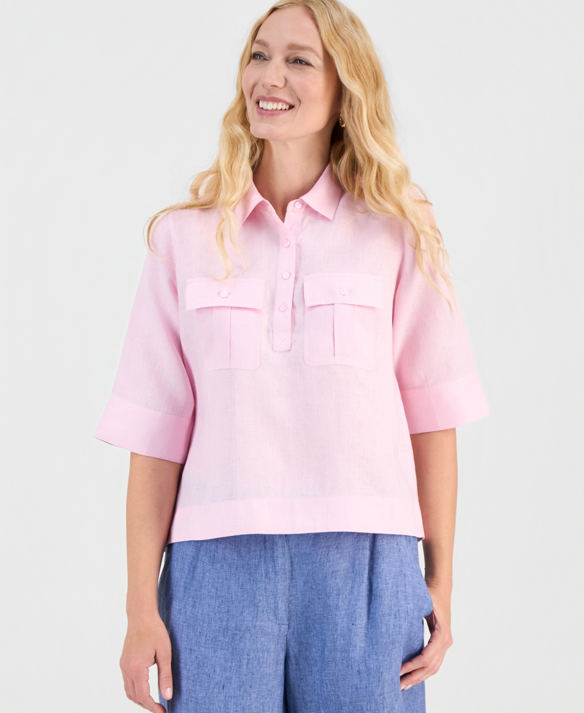 Click here for Charter Club Womens 100 Linen Solid Half-Placket E... prices