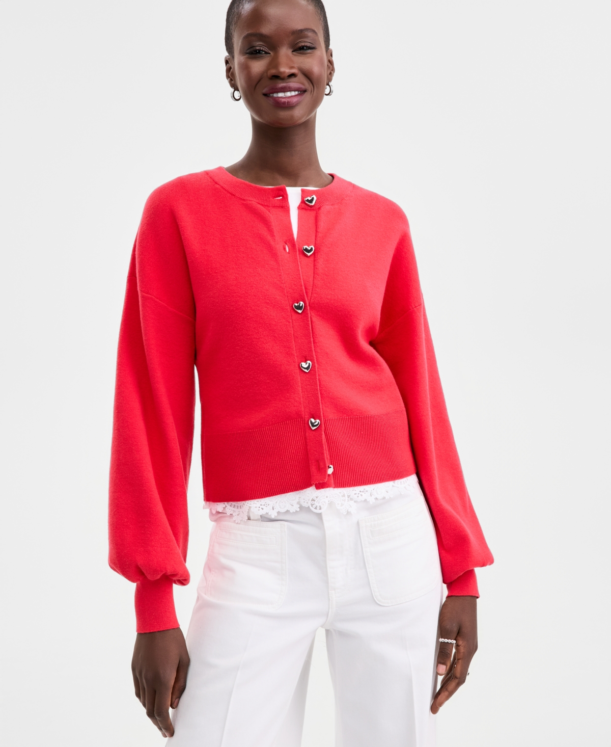 Click here for On 34th Womens Blouson Sleeve Heart-Button Cardiga... prices