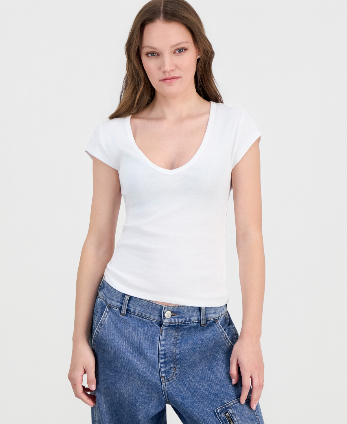 Click here for Derek Heart Juniors V-Neck Cap-Sleeve Cotton T-Shi... prices