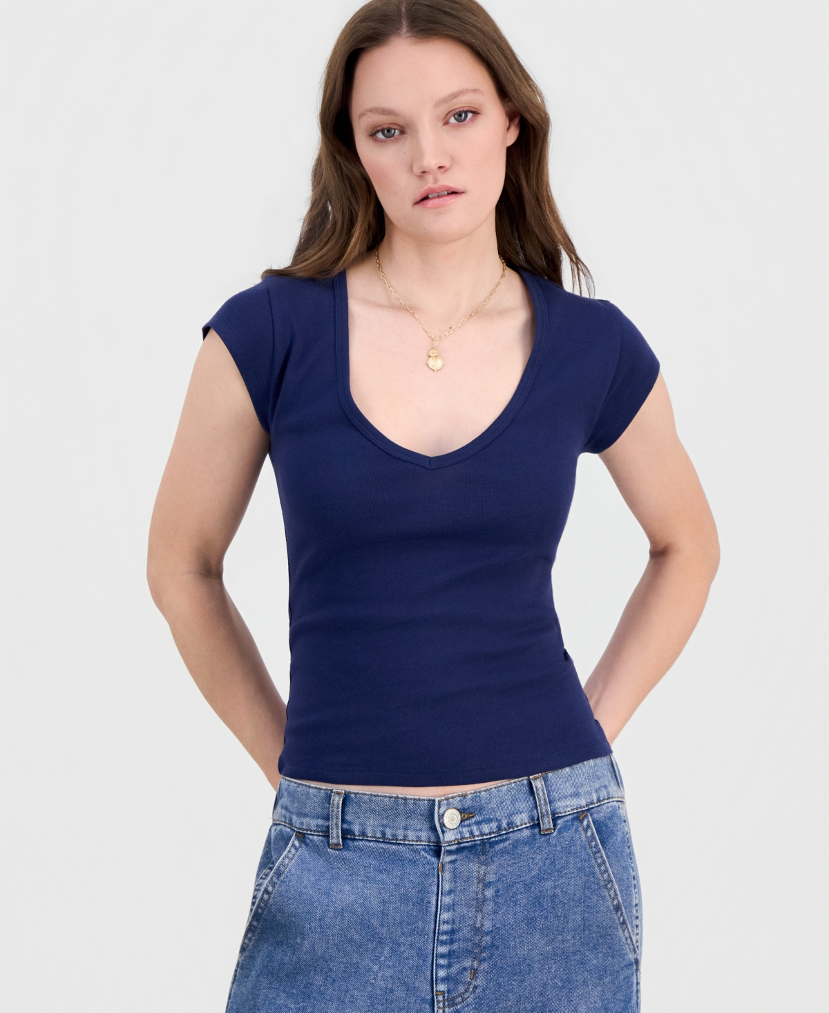 Click here for Derek Heart Juniors V-Neck Cap-Sleeve Cotton T-Shi... prices