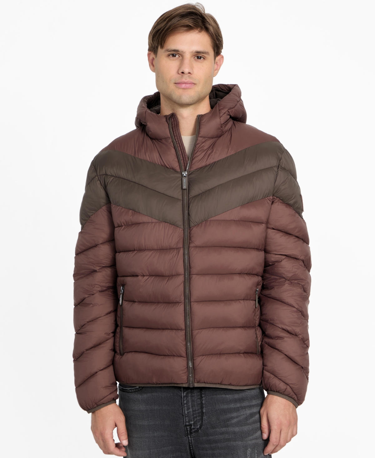 Click here for Guess Mens Color-Block Puffer Jacket - Dark Rust prices
