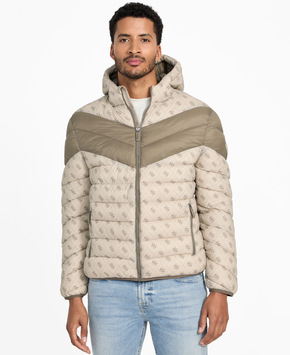 Click here for Guess Mens Color-Block Puffer Jacket - Logo Impact... prices