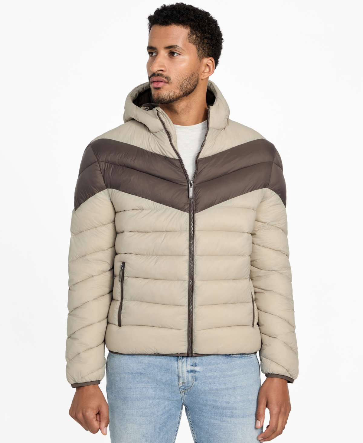 Click here for Guess Mens Color-Block Puffer Jacket - Magnetic prices
