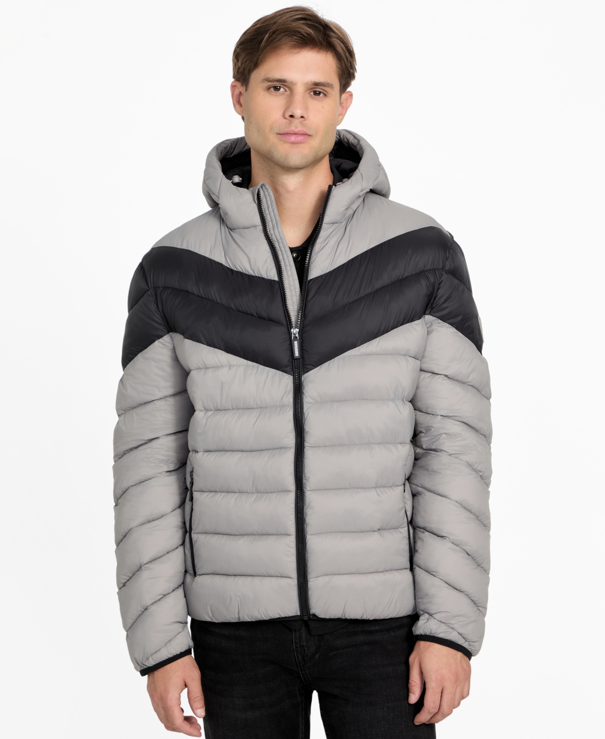 Click here for Guess Mens Color-Block Puffer Jacket - Impact Gray prices