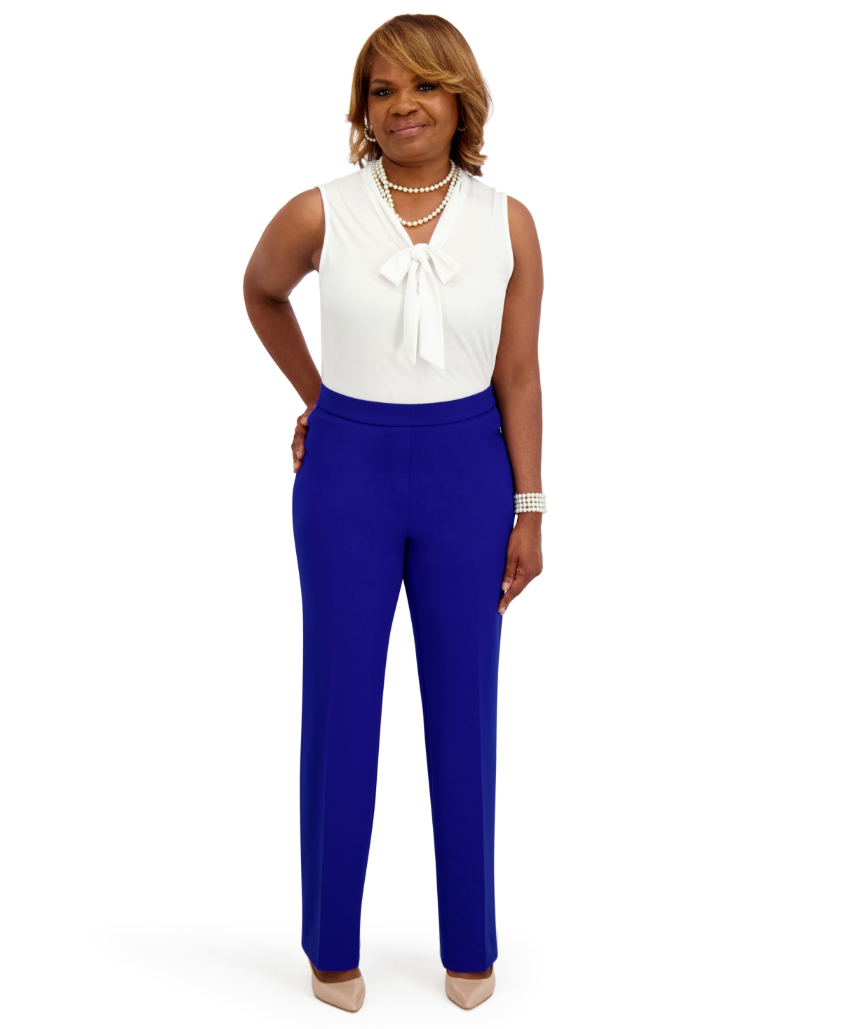 Click here for Kasper Womens Sleeveless Tie-Neck Top - White prices