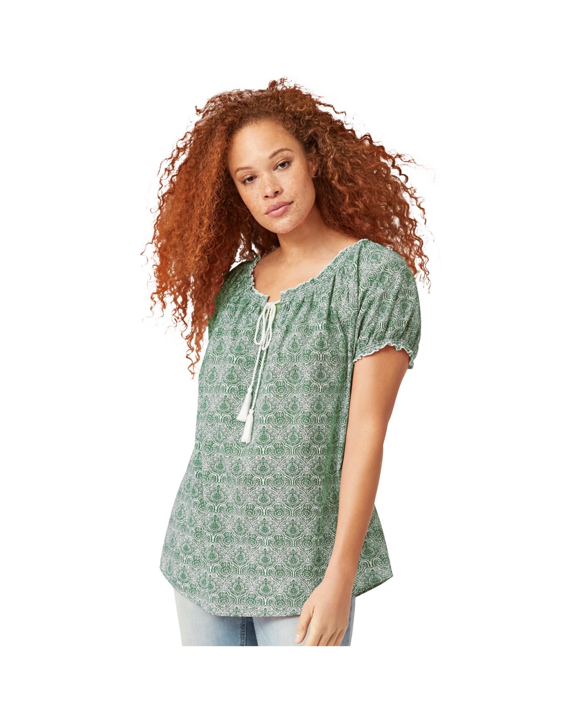 Click here for ellos Plus Size Ruffle Trim Peasant Blouse - Tropi... prices