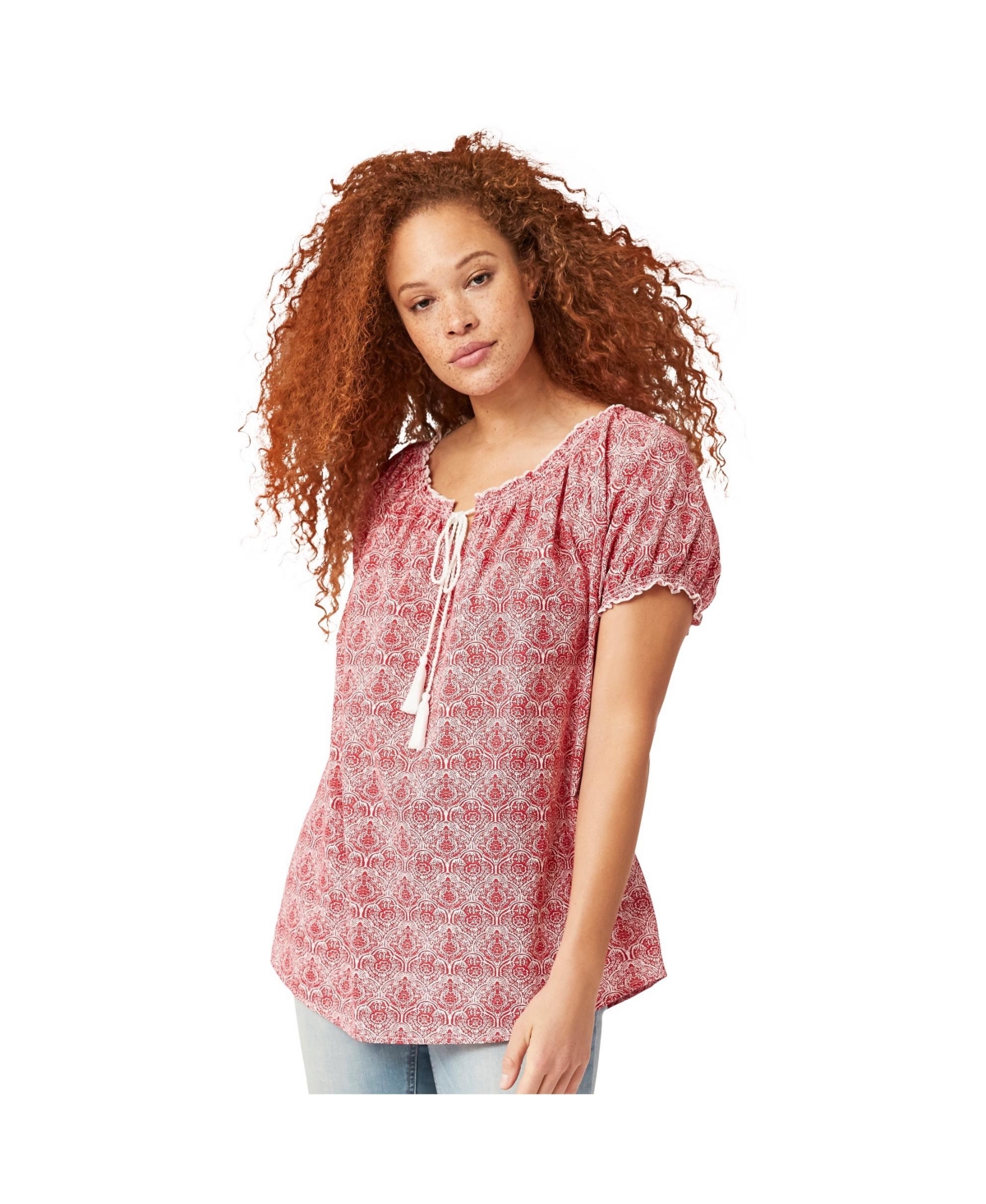Click here for ellos Plus Size Ruffle Trim Peasant Blouse - Apple... prices