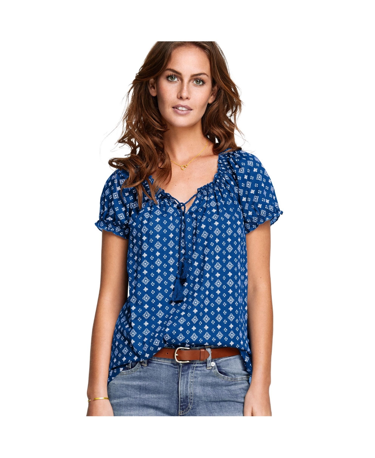 Click here for ellos Plus Size Ruffle Trim Peasant Blouse - Dark... prices