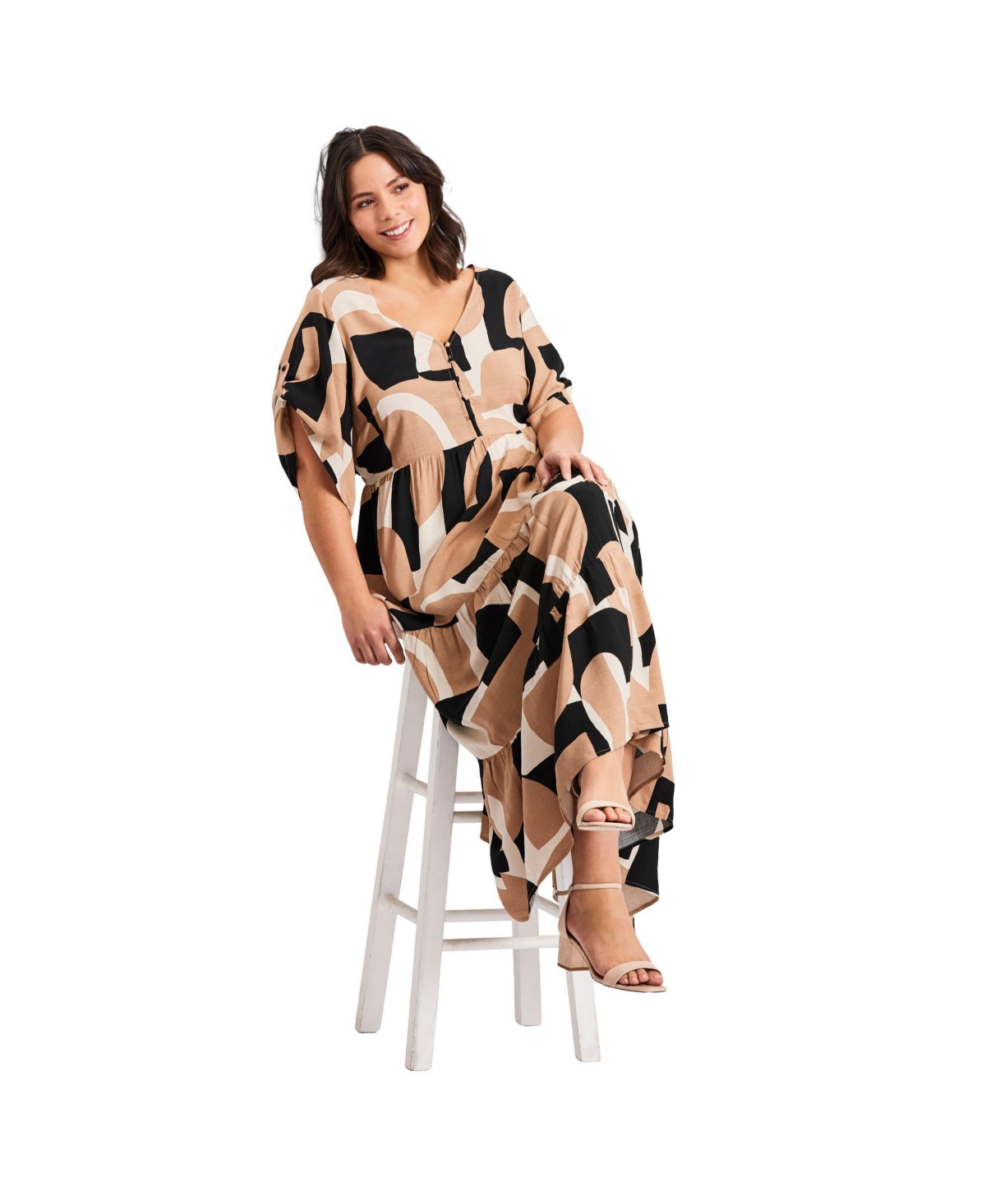 Click here for Avenue Womens Ivy Tiered Button Front Dress - Sand... prices