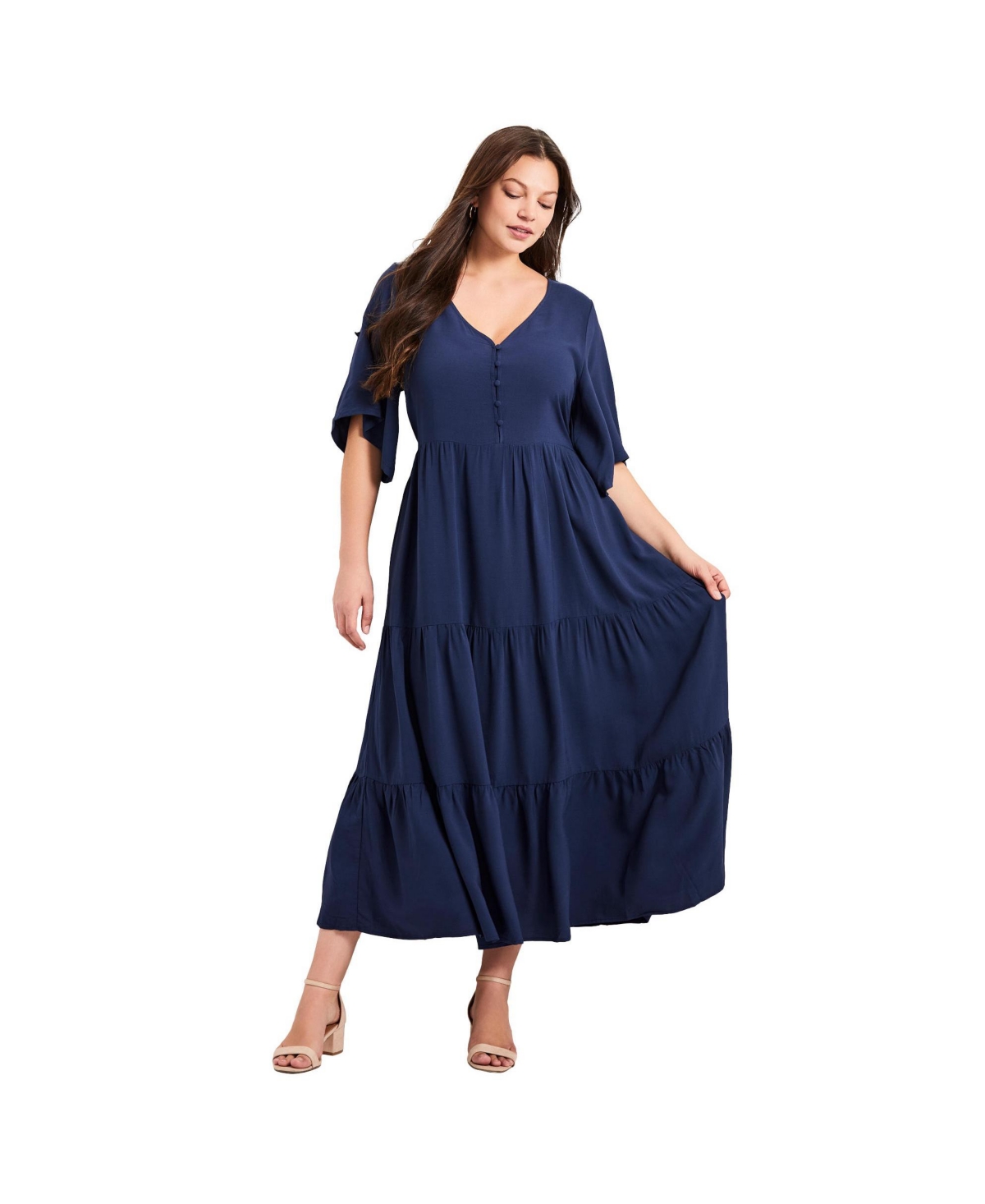 Click here for Avenue Womens Ivy Tiered Button Front Dress - Navy prices