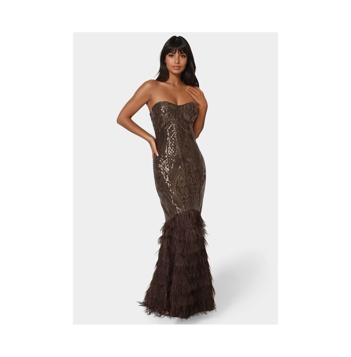 Click here for Bebe Womens Sequin Feather Gown - Chocolate prices