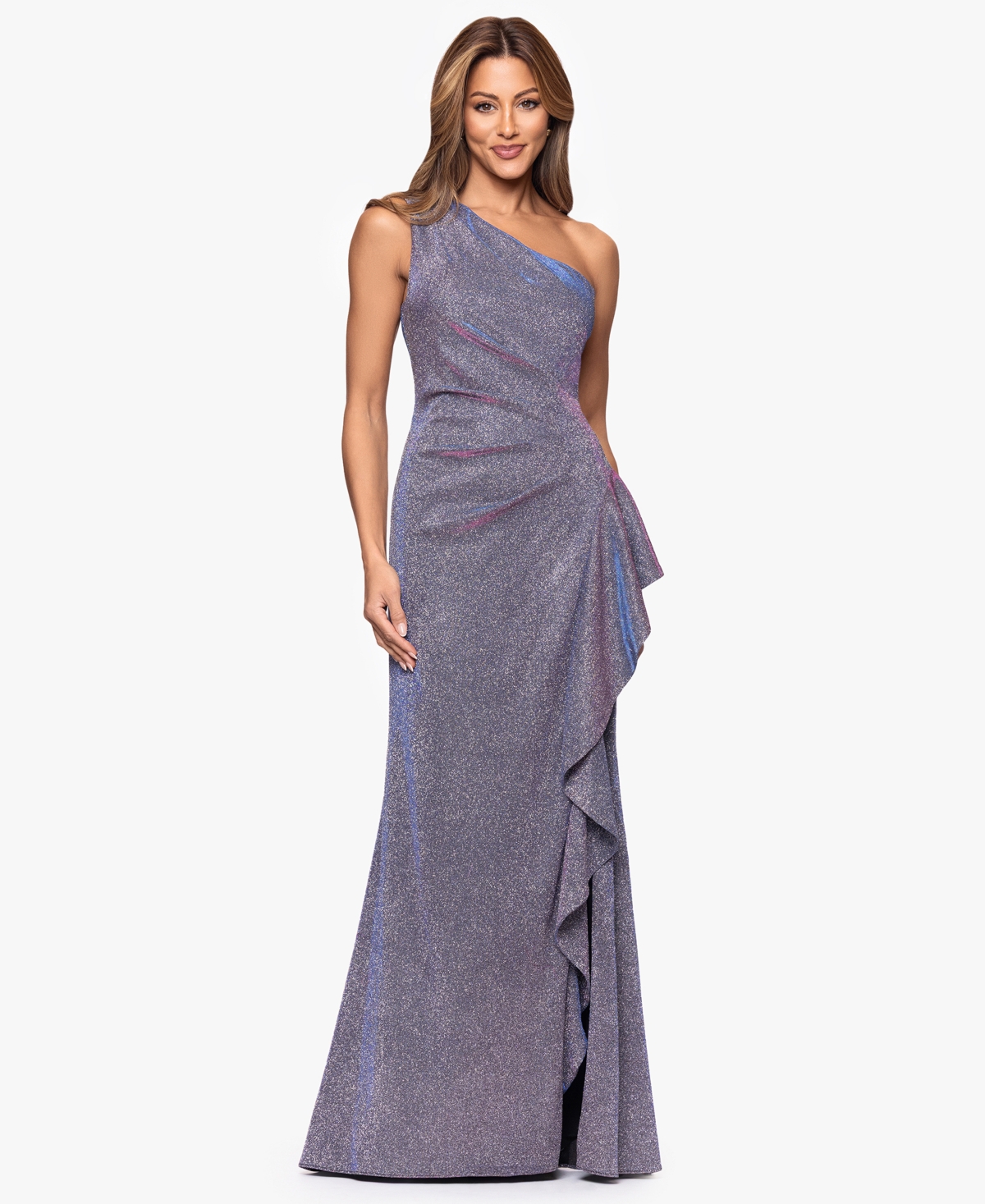 Click here for Xscape Womens One-Shoulder Glitter Long Dress - Na... prices