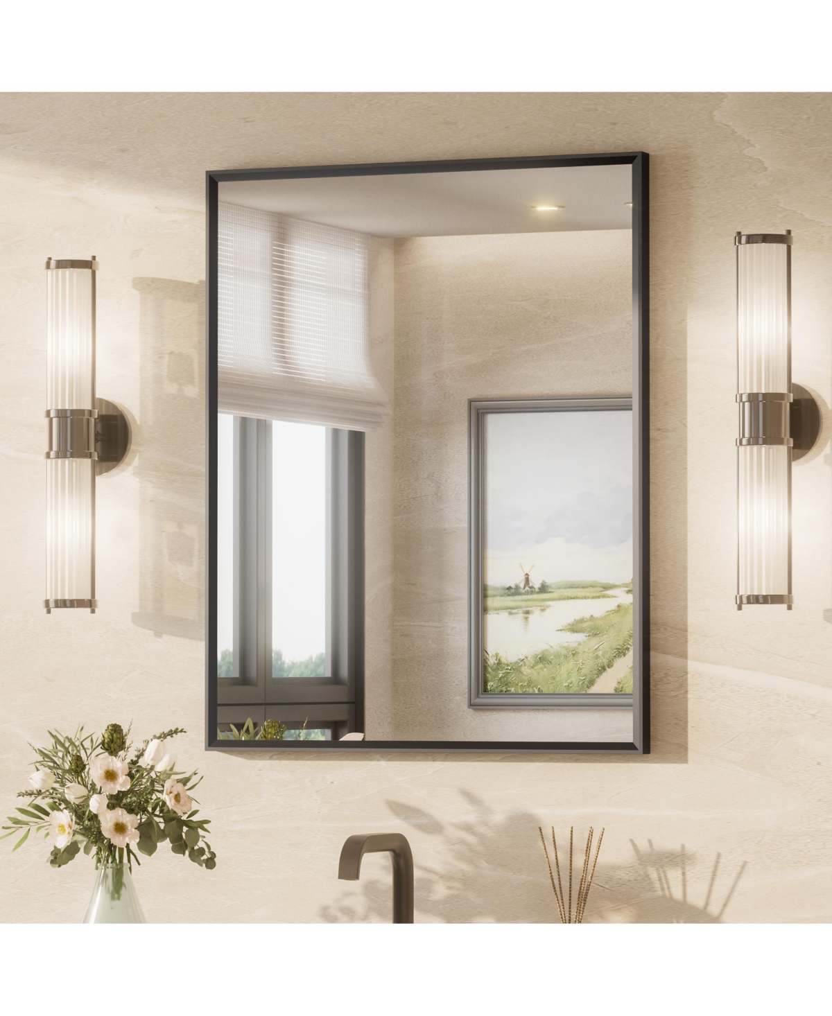 Click here for Keonjinn Inch Brushed Black Bathroom Vanity Mirror... prices