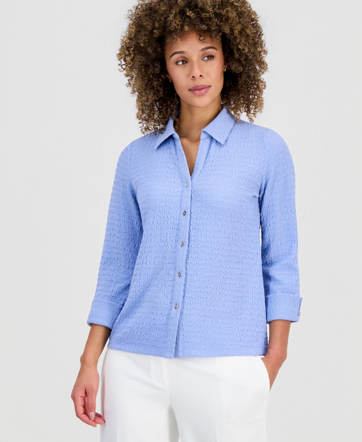 Click here for 3Q Button Frt Top With Split Cuff - Paris Bleu prices