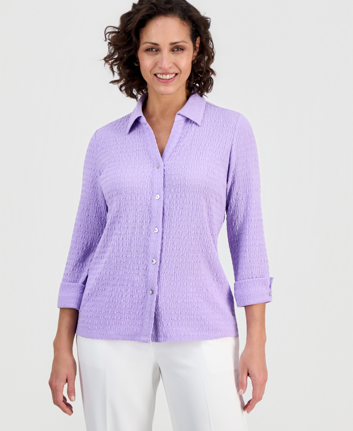 Click here for 3Q Button Frt Top With Split Cuff - Lavender Mist prices