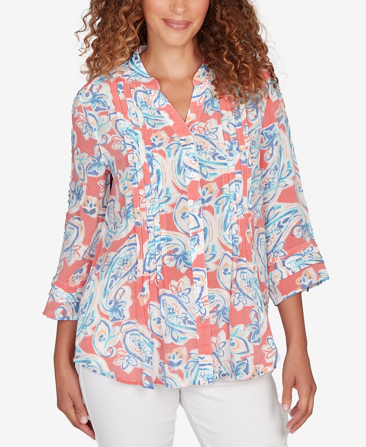 Click here for Ruby Rd. Petite Paisley Silky Gauze Button Front T... prices