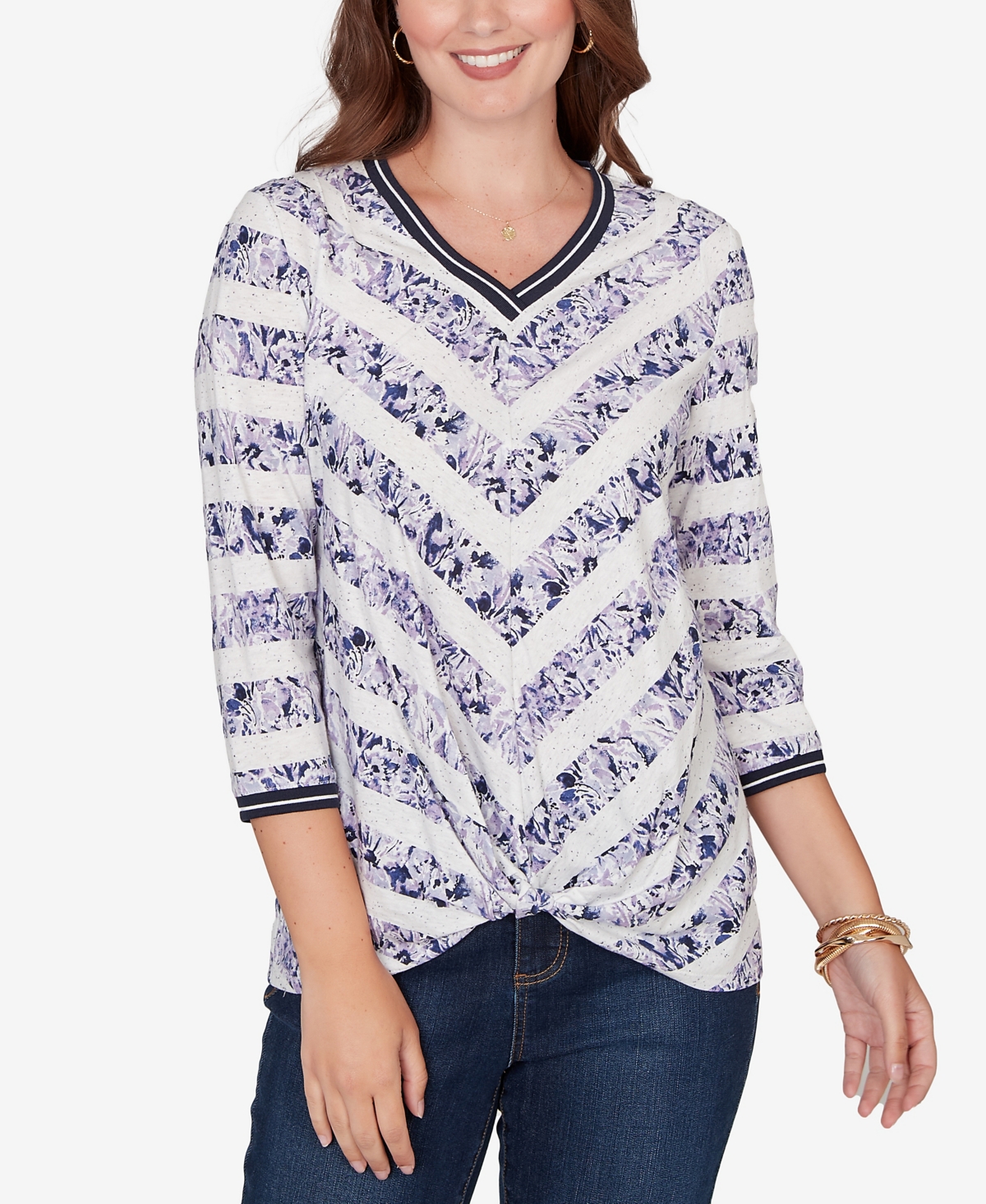 Click here for Ruby Rd. Petite Floral Stripe Twist Front Knit Top... prices