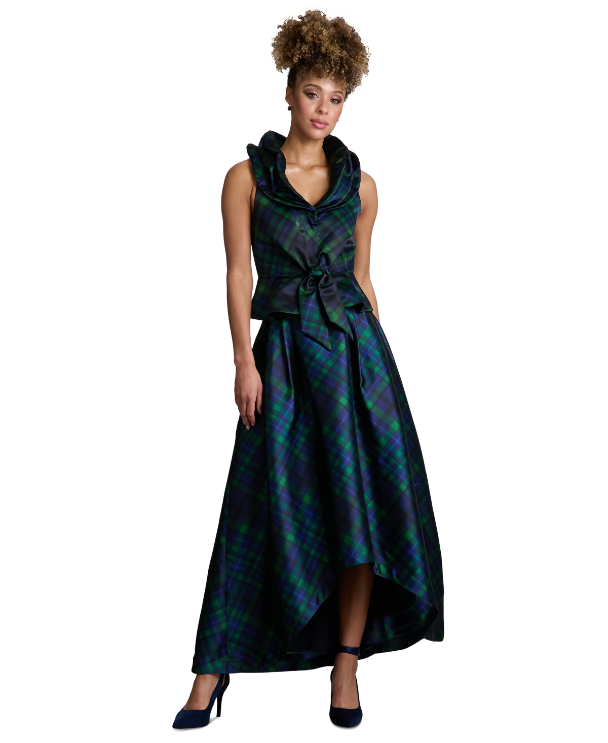 Click here for Muse Womens High-Low Plaid Ball Skirt - Navy/Black prices
