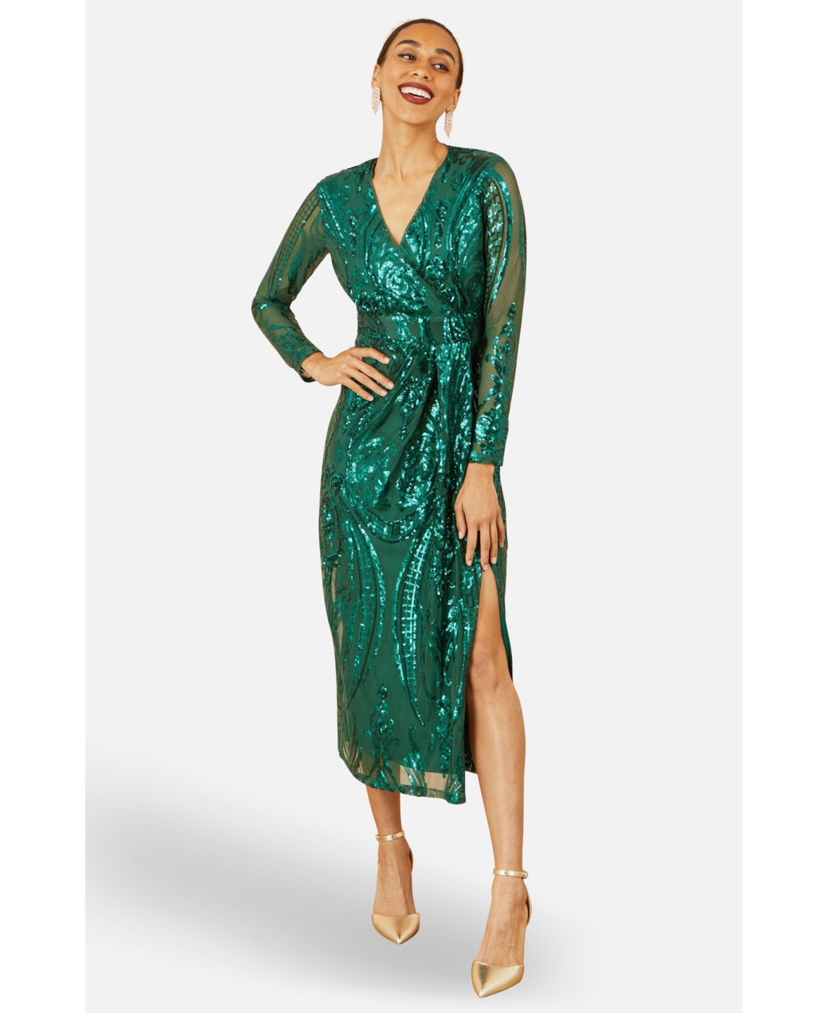Click here for Yumi Womens Sequin Midi Long Sleeve Wrap Dress - G... prices