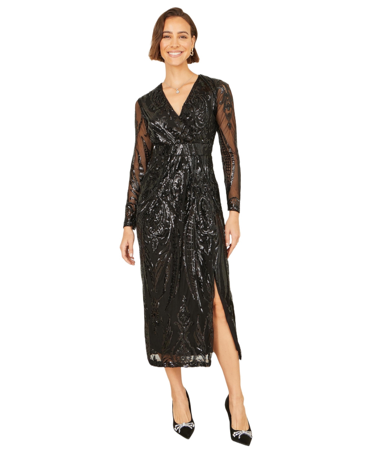 Click here for Yumi Womens Sequin Midi Long Sleeve Wrap Dress - B... prices