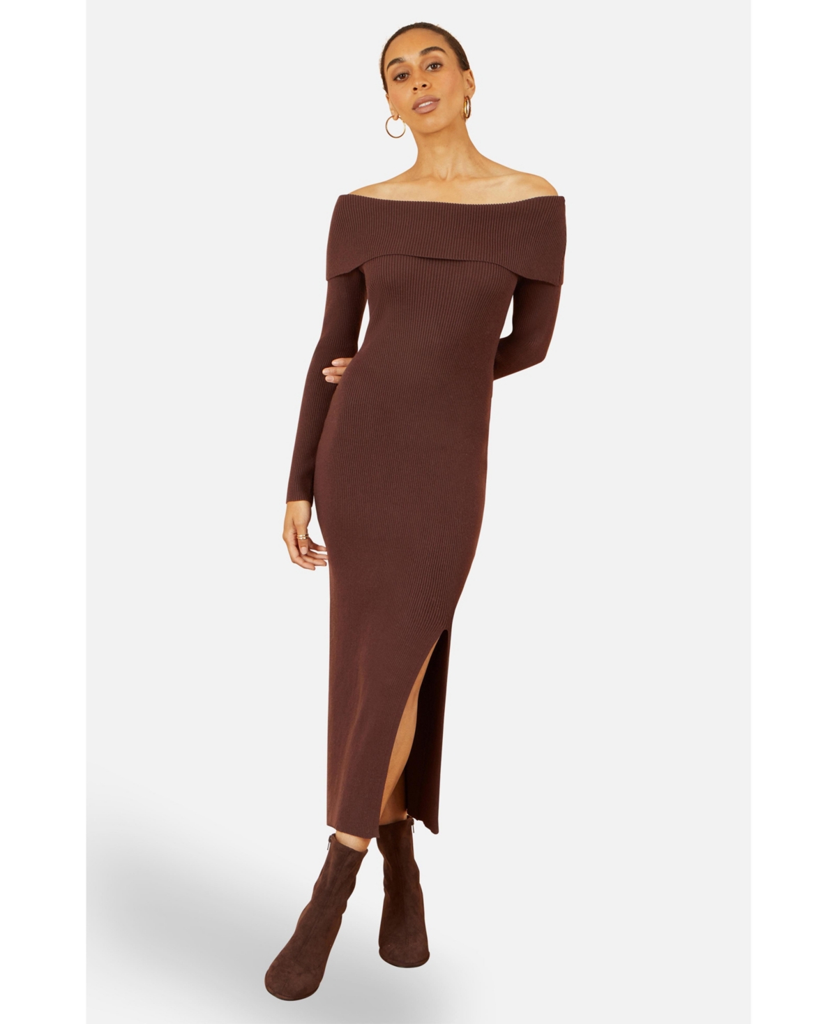 Click here for Yumi Womens Bardot Knitted Fitted Midi Dress - Bro... prices