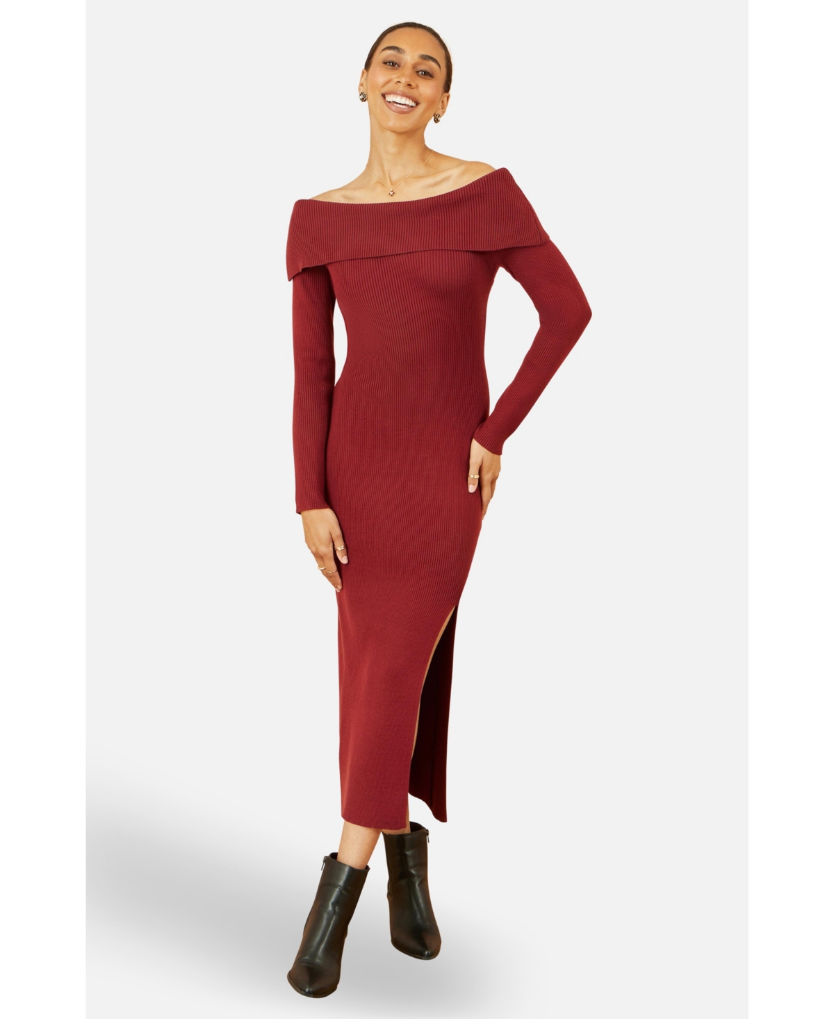 Click here for Yumi Womens Bardot Knitted Fitted Midi Dress - Bur... prices