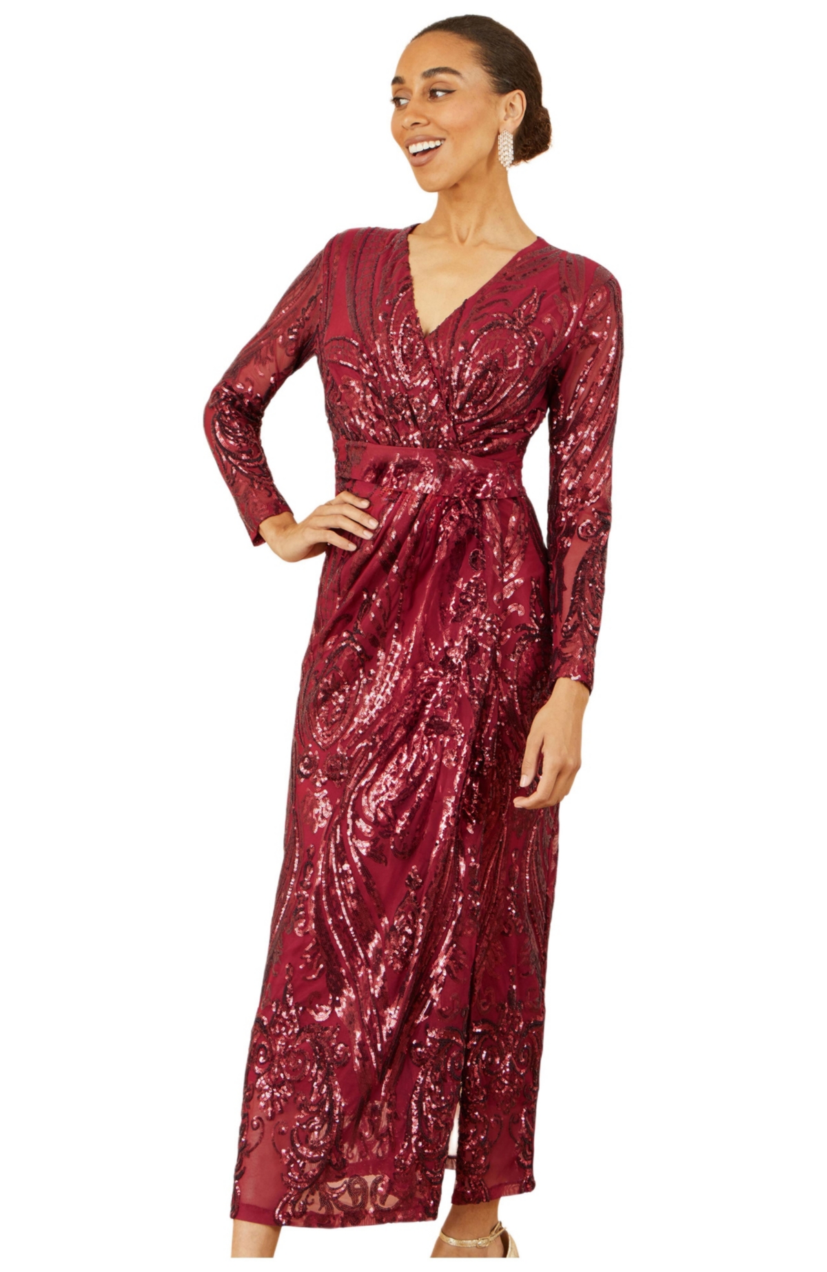 Click here for Yumi Womens Sequin Midi Long Sleeve Wrap Dress - B... prices