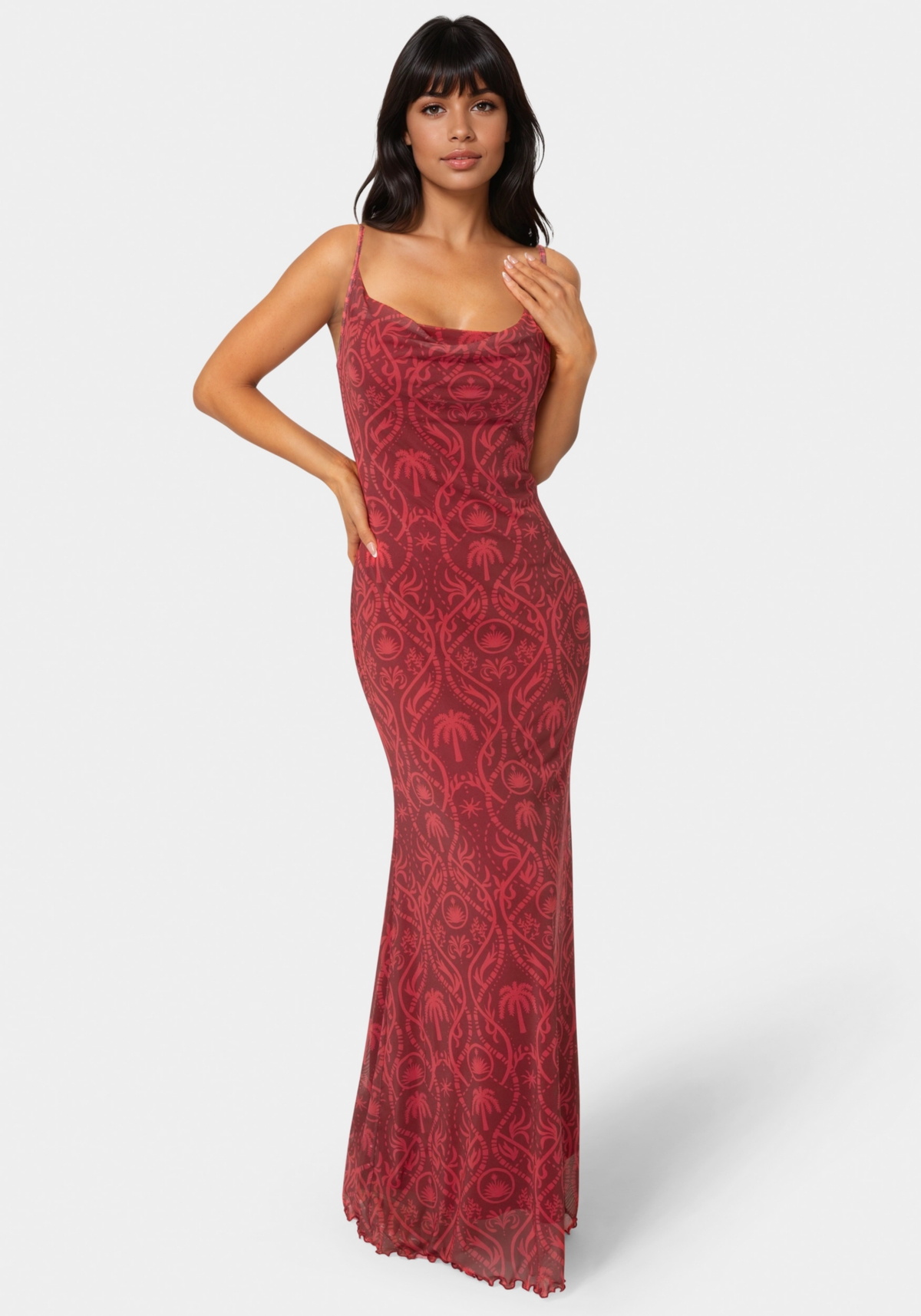Click here for Bebe Womens Printed Mesh Cowl Gown - Merlot prices