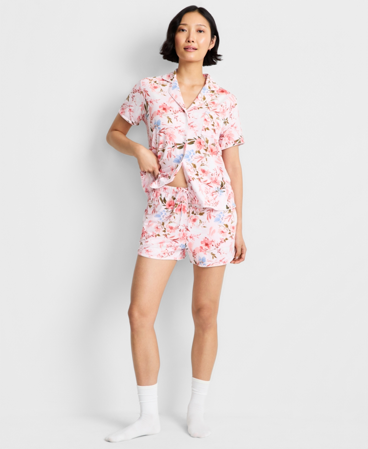 State of Day Womens Modal Fluid Knit Notched-Collar Pajama Set Xs-3X  Exclusively at Macys - Romantic Floral