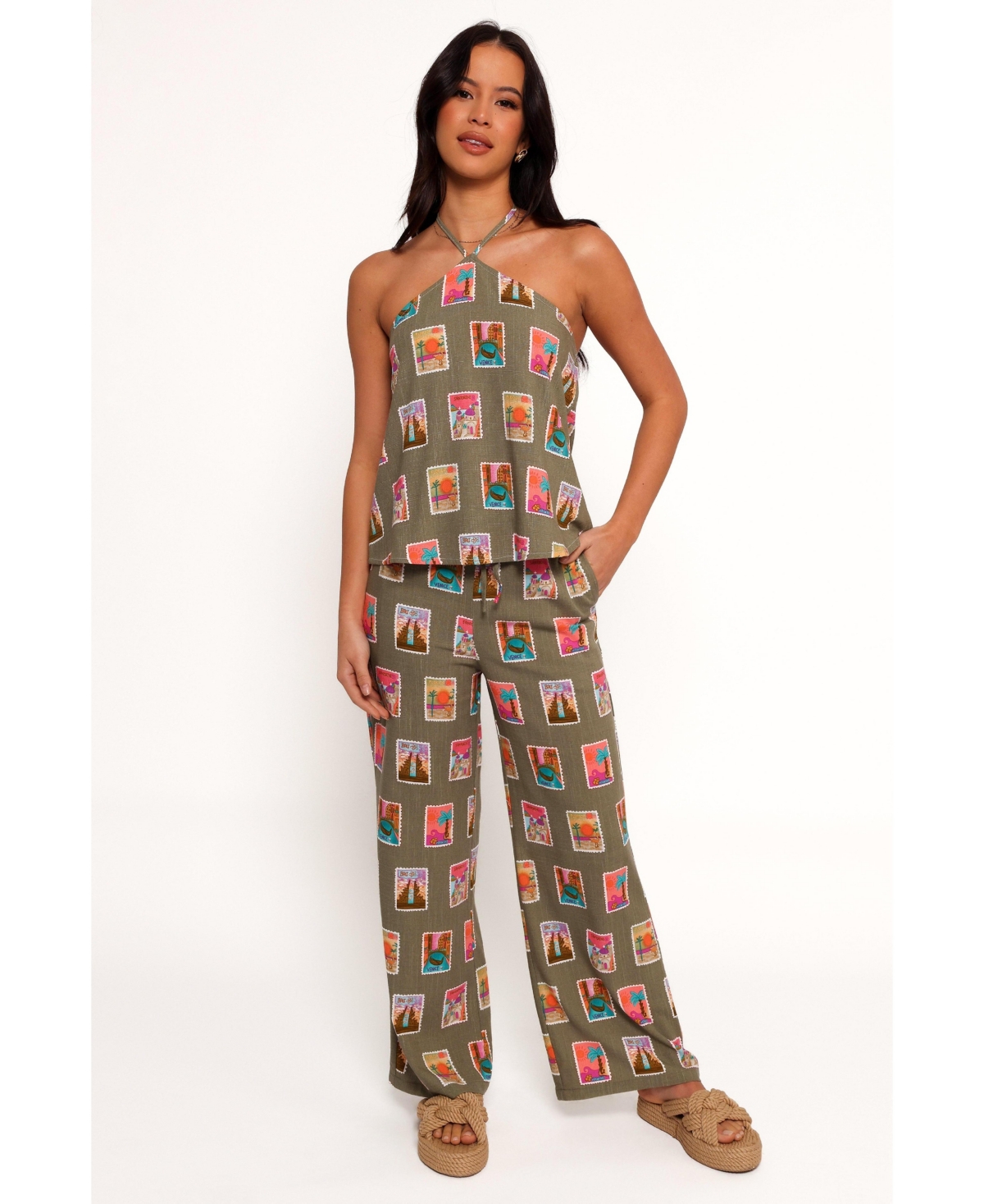 Click here for Petal and Pup Womens Henri Halter Top - Olive prin... prices