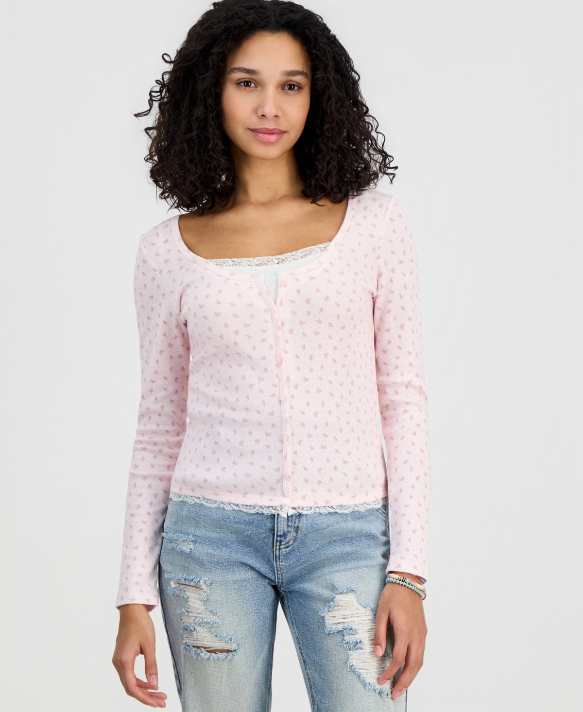 Click here for Hippie Rose Juniors Lace Two-Fer Long-Sleeve Top -... prices
