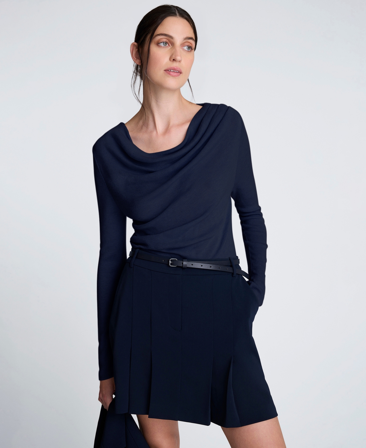 Kenneth Cole Womens Asymmetrical Drape Front Long-Sleeve Sweater - Dark Navy