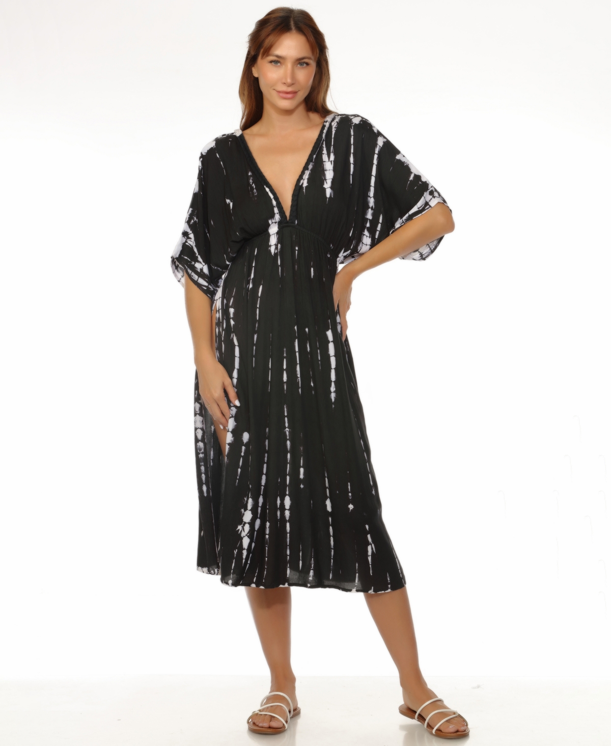 Click here for Raviya Womens Tie-Dyed Braid-Trim V-Neck Cover-Up... prices