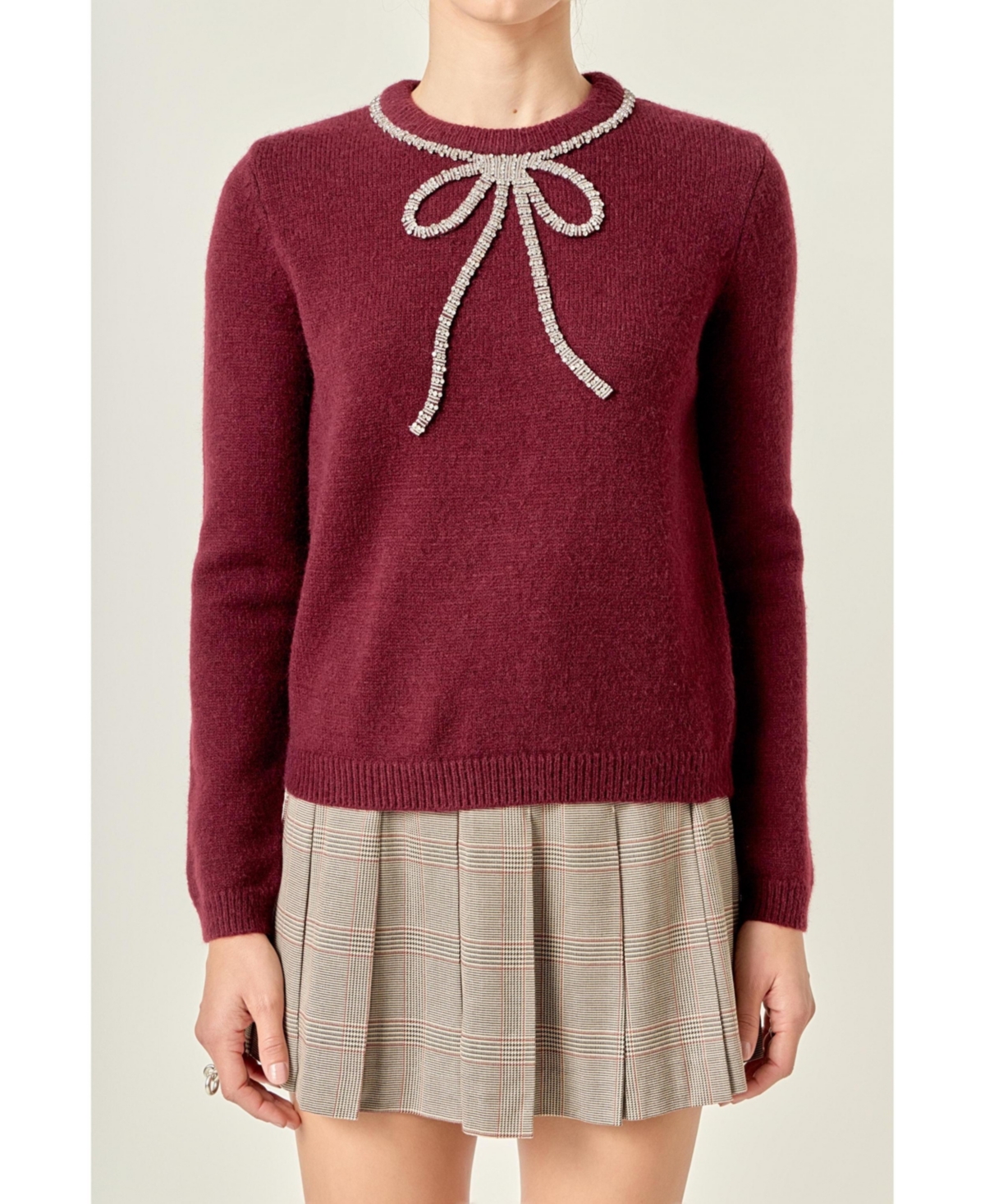 Click here for English Factory Womens Rhinestone Bow Knit - Wine prices