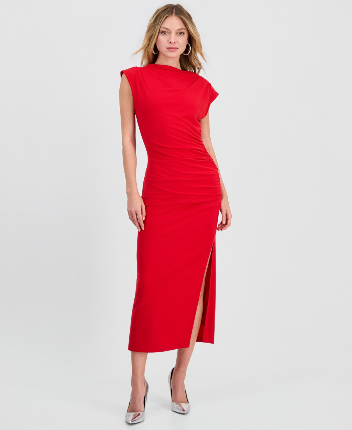 Click here for Robbie Bee Womens Ruched Side-Slit Midi Dress - Re... prices