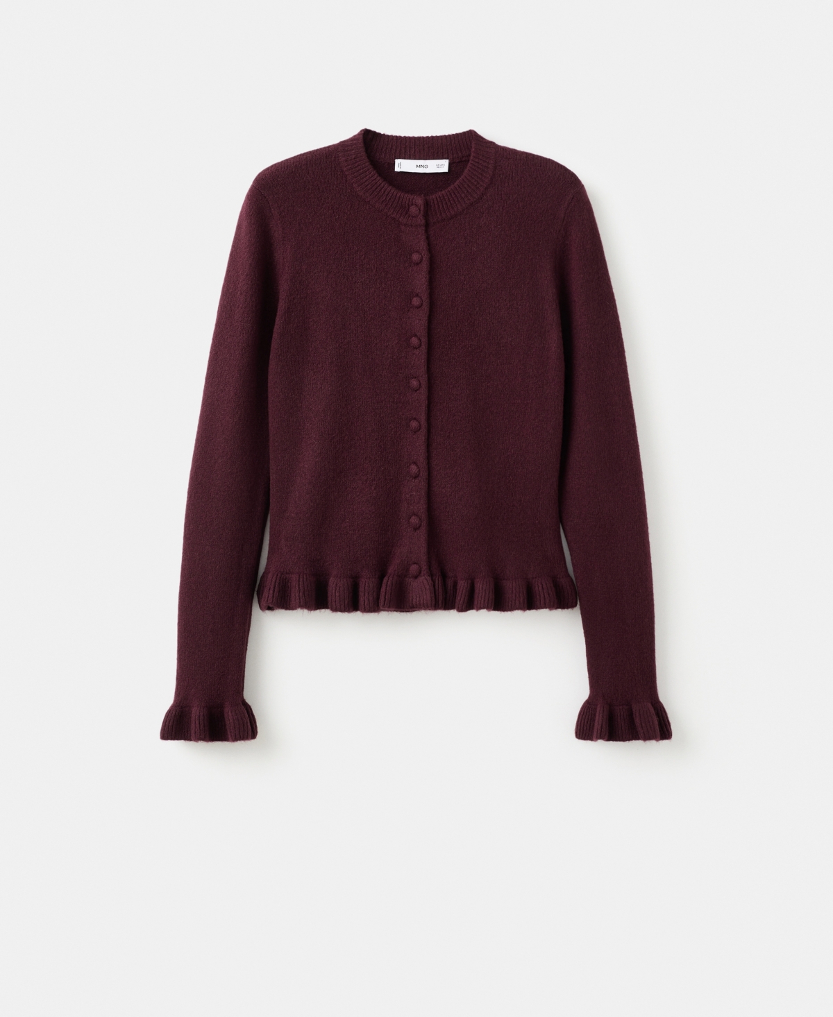 Click here for Mango Womens Ruffle Knit Cardigan - Wine prices