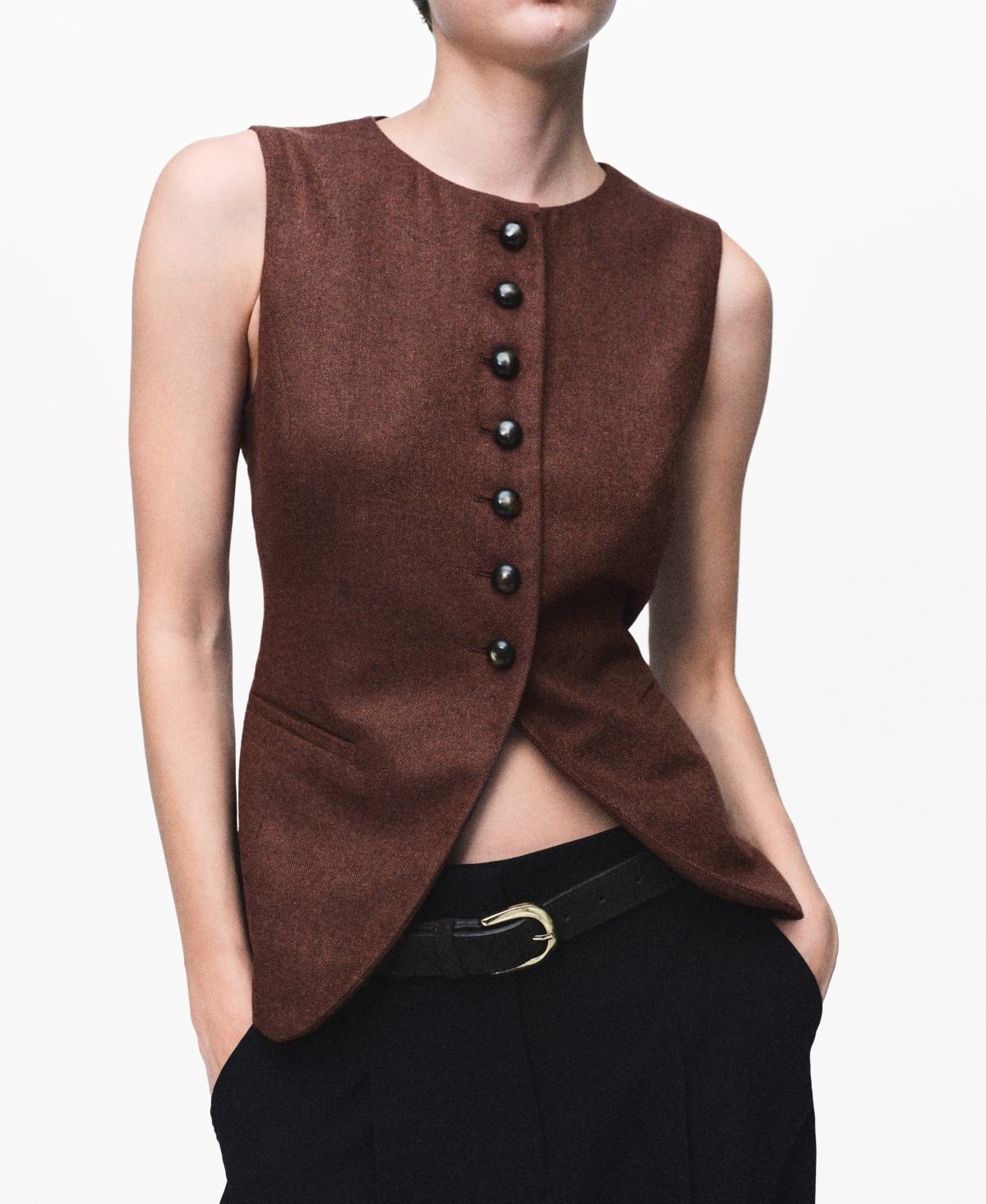 Click here for Mango Womens Wool-Blend Buttons Vest - Brown prices