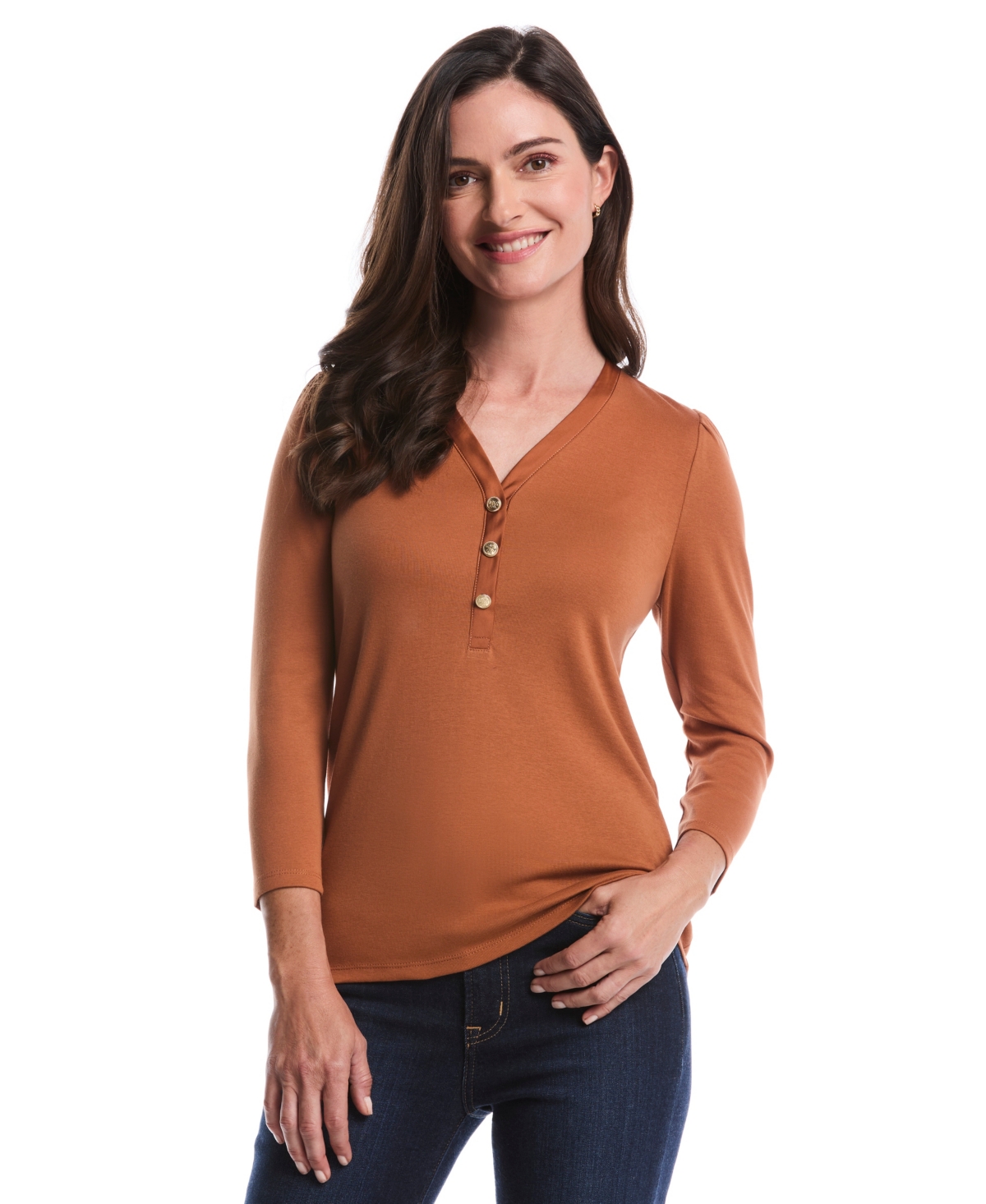 Click here for Rafaella Petite 3/4 Puff Sleeve V-Neck Top - Mocha... prices