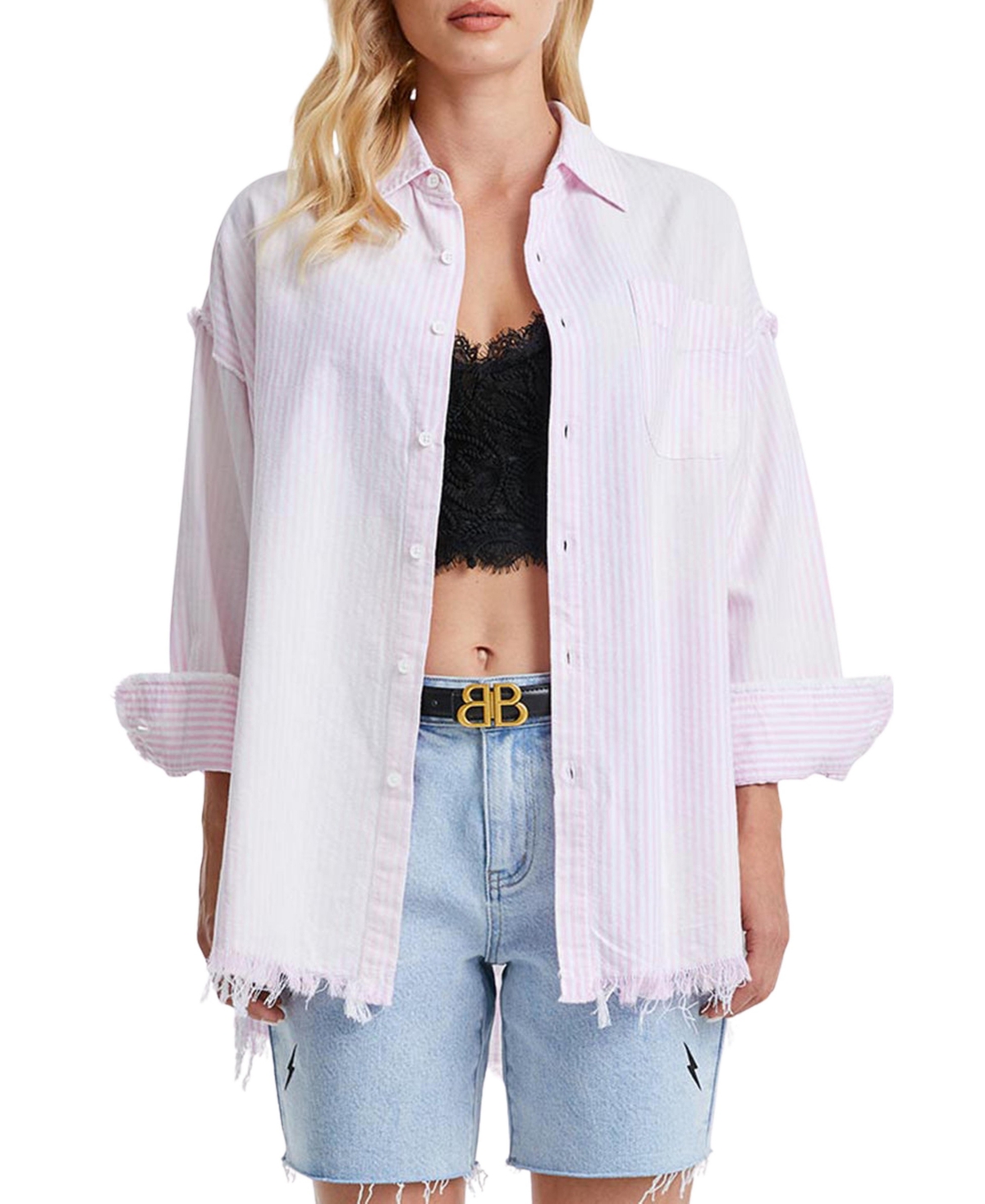 Click here for Bayeas Womens Striped Exposed-Seam Raw-Hem Long-Sl... prices