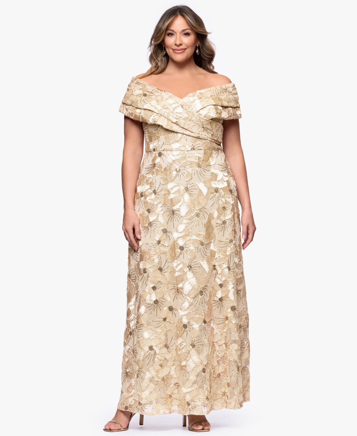 Click here for Betsy & Adam Plus Size Off-The-Shoulder Long Gown... prices