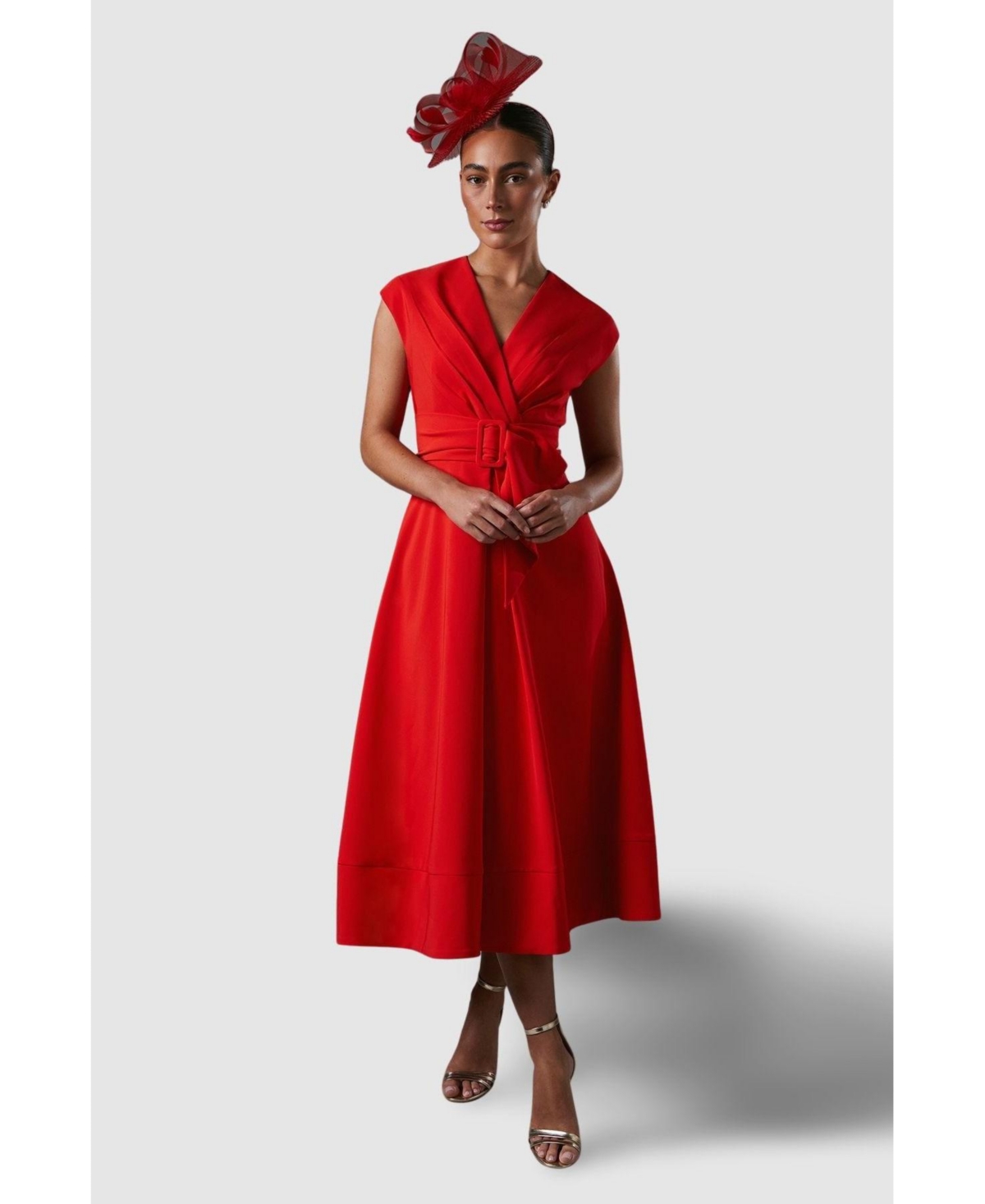 Click here for Coast Womens Belted Crepe V-Neck Midi Dress - Flam... prices