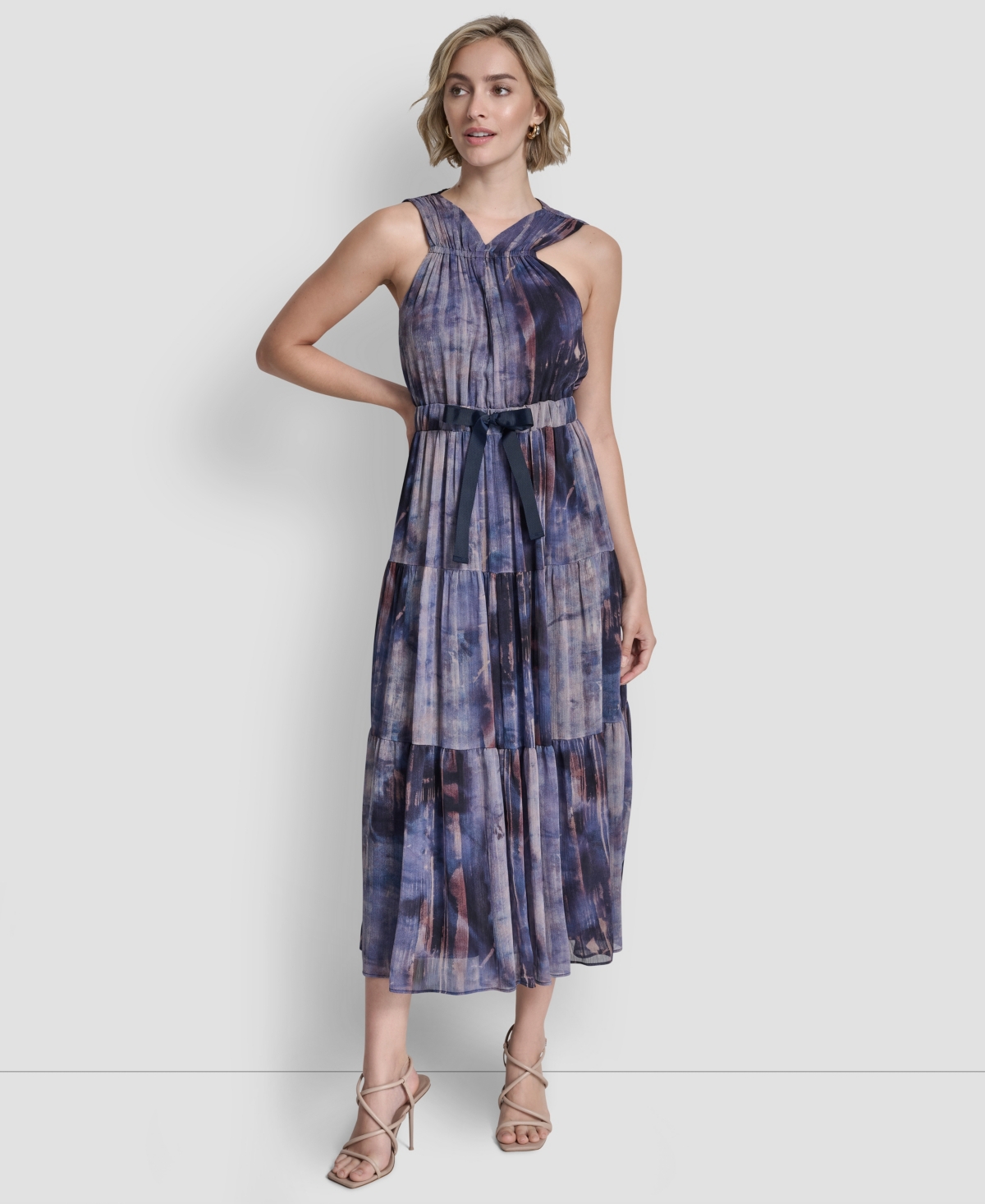 Click here for Dkny Womens V-Neck Sleeveless Tie Waist Dress - Hu... prices