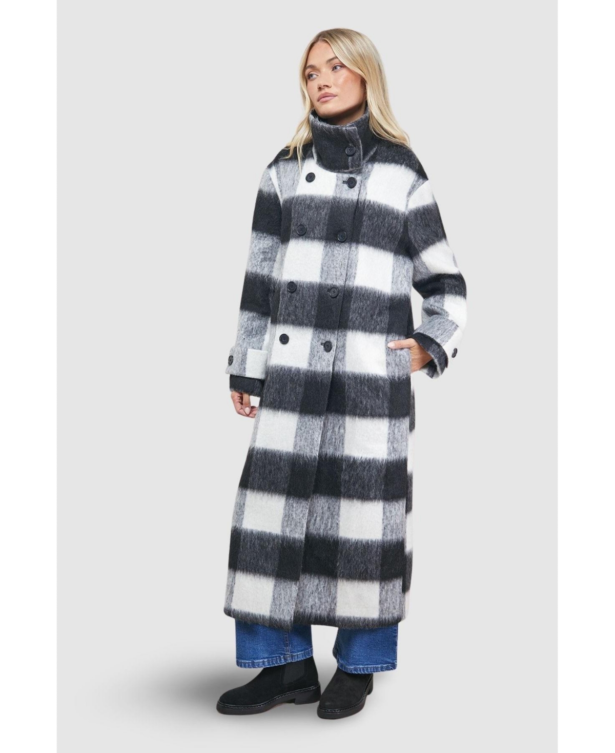 Click here for Oasis Womens Brushed Check Funnel Neck Coat - Blac... prices