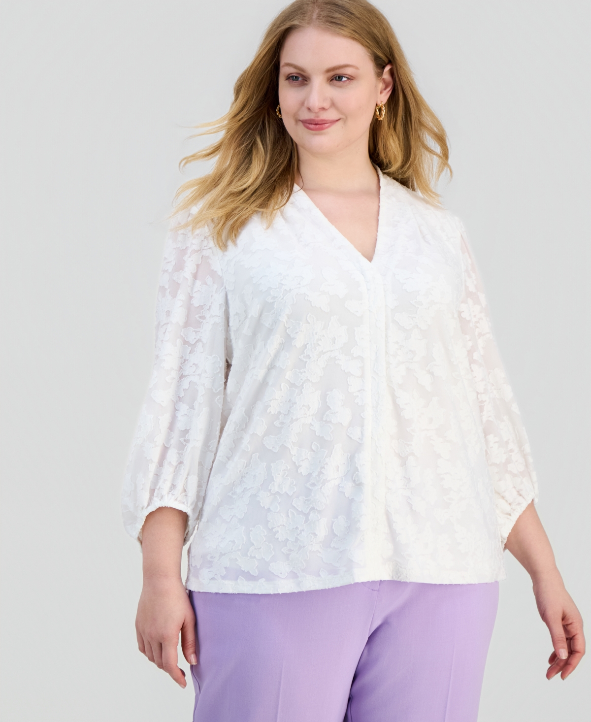 Click here for Kasper Plus Size Burnout Floral V-Neck Blouse - Li... prices
