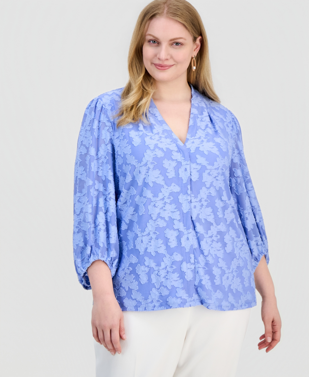 Click here for Kasper Plus Size Burnout Floral V-Neck Blouse - Pa... prices